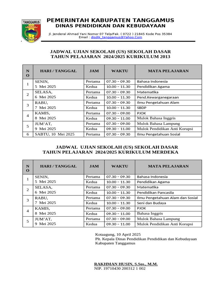 Edit - Jadwal - Us - SD - 2024.2025 | PDF