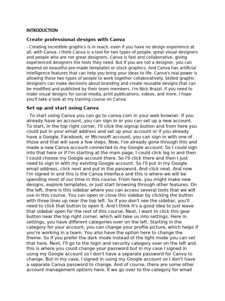 script- Canva Essential Training | PDF | System Software | Computing