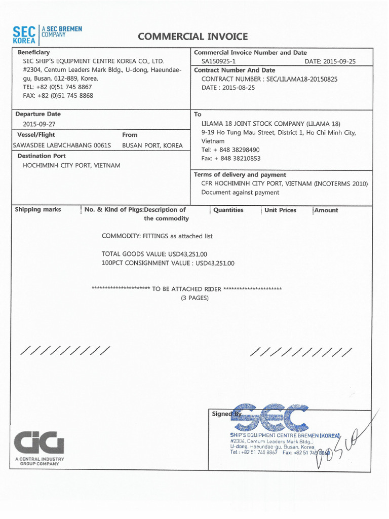 SEC-Korea) Invoice + Packing List For LILAMA 18 (Scanned) | PDF