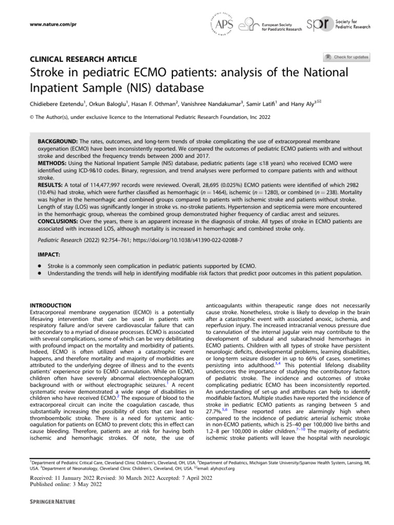 Stroke in Pediatric ECMO Patients - Analysis of The National Inpatient ...