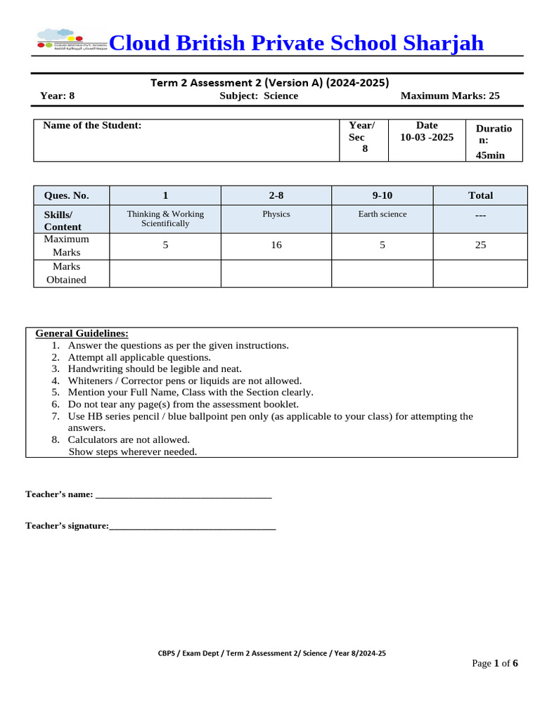Science - Y8 - Term 2 - Assessment 2 (2024-2025) Version A - Answer Key ...