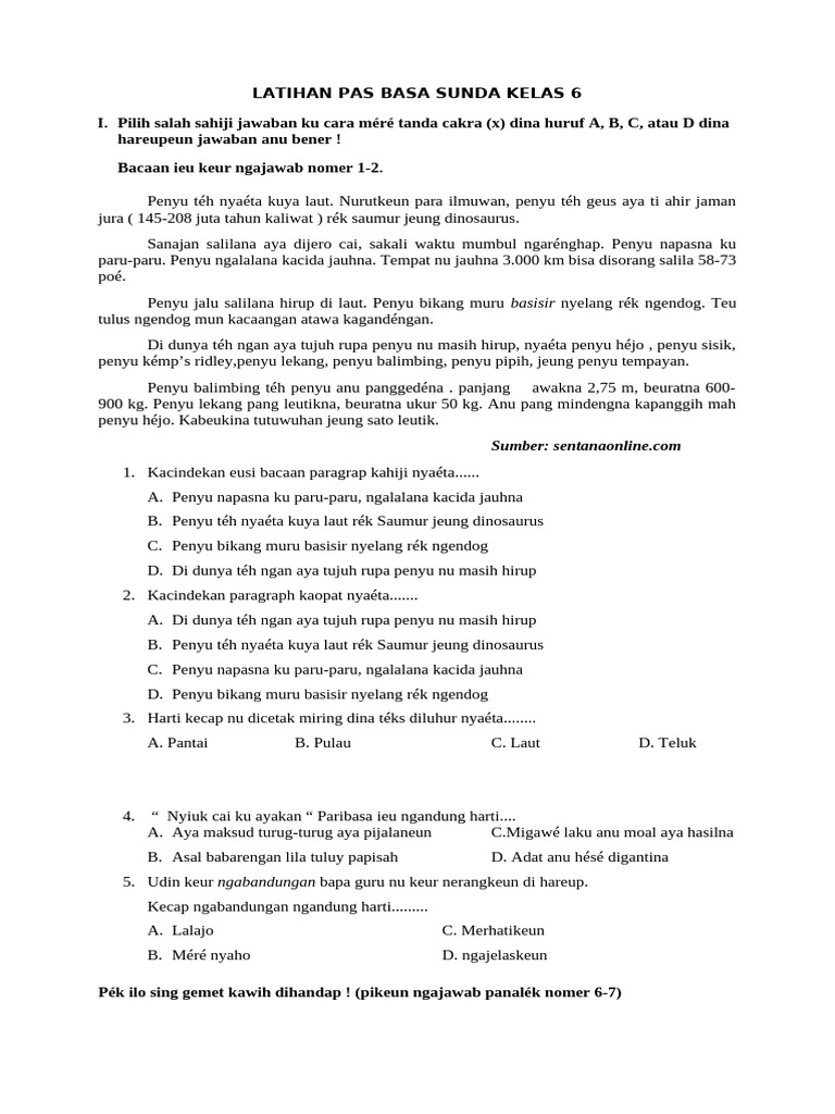 Latihan Pas Basa Sunda Kelas 6 | PDF