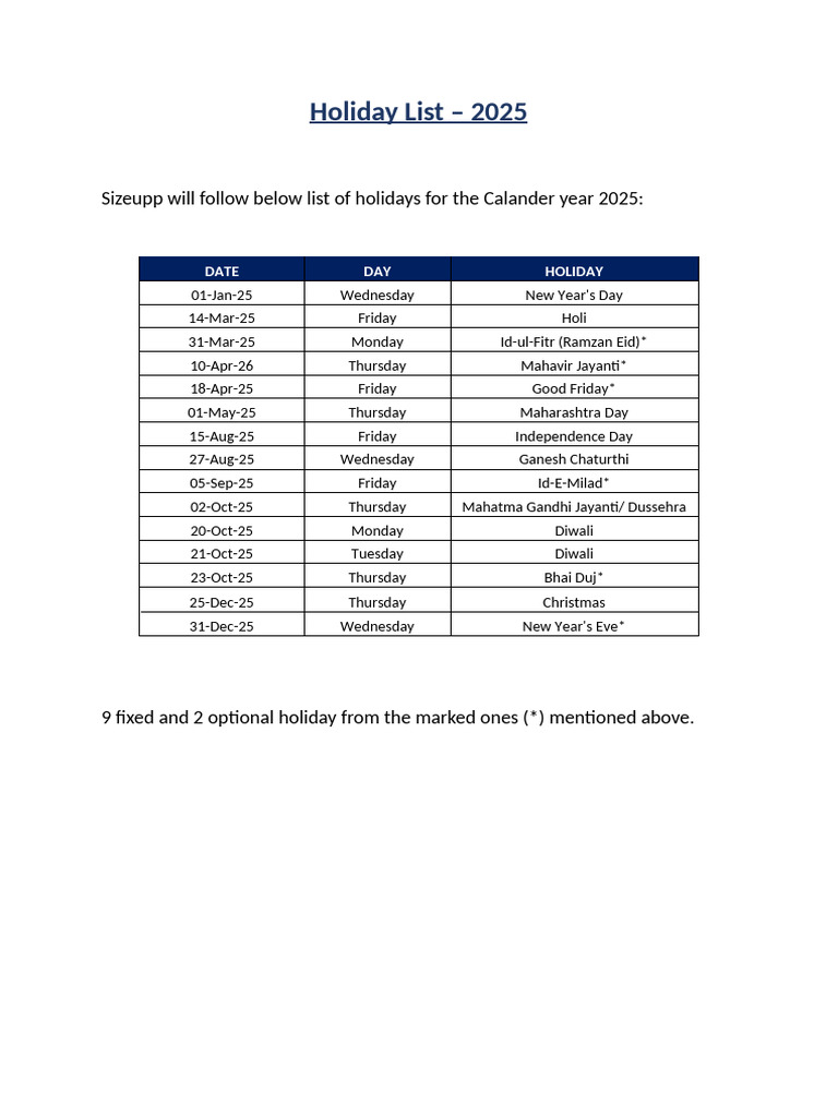 Holiday List - 2025 - F2 | PDF