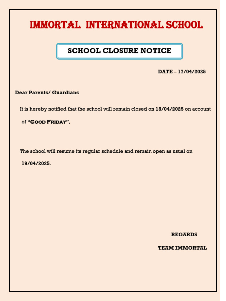 Immortal International School Closure Notice | PDF