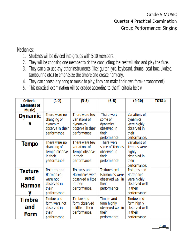 Grade 5 MUSIC Criteria Practical Exam | PDF