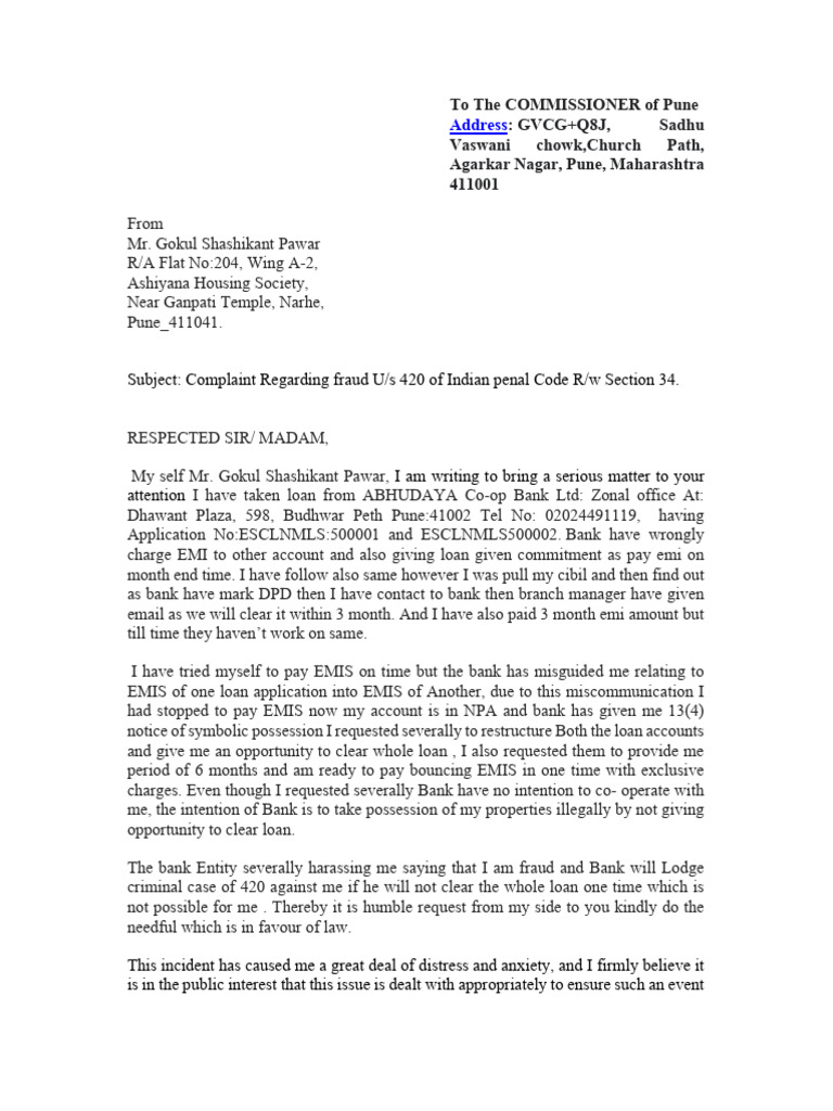 Complaint Against Bank Fraud in Pune | PDF | Misconduct | Justice