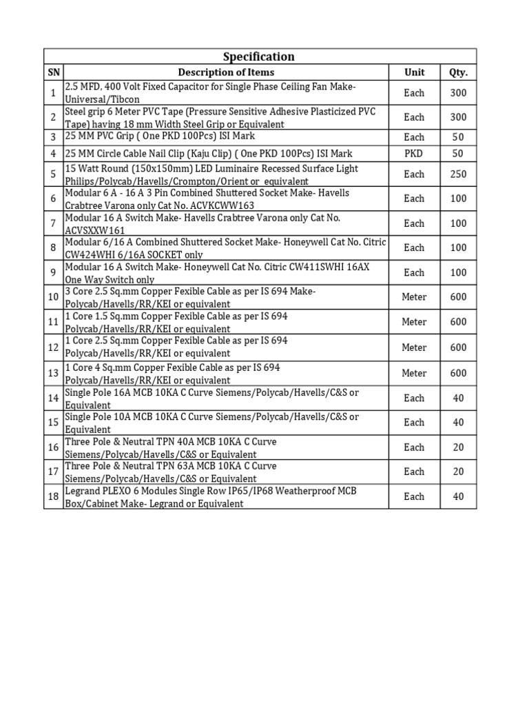Electrical Specification | PDF | Equipment | Electricity
