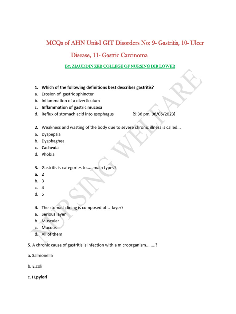 MCQs of AHN Unit-1GIT Disorders Gastritis ,Ulcer Disease,Gastric Carcinoma | PDF | Stomach ...