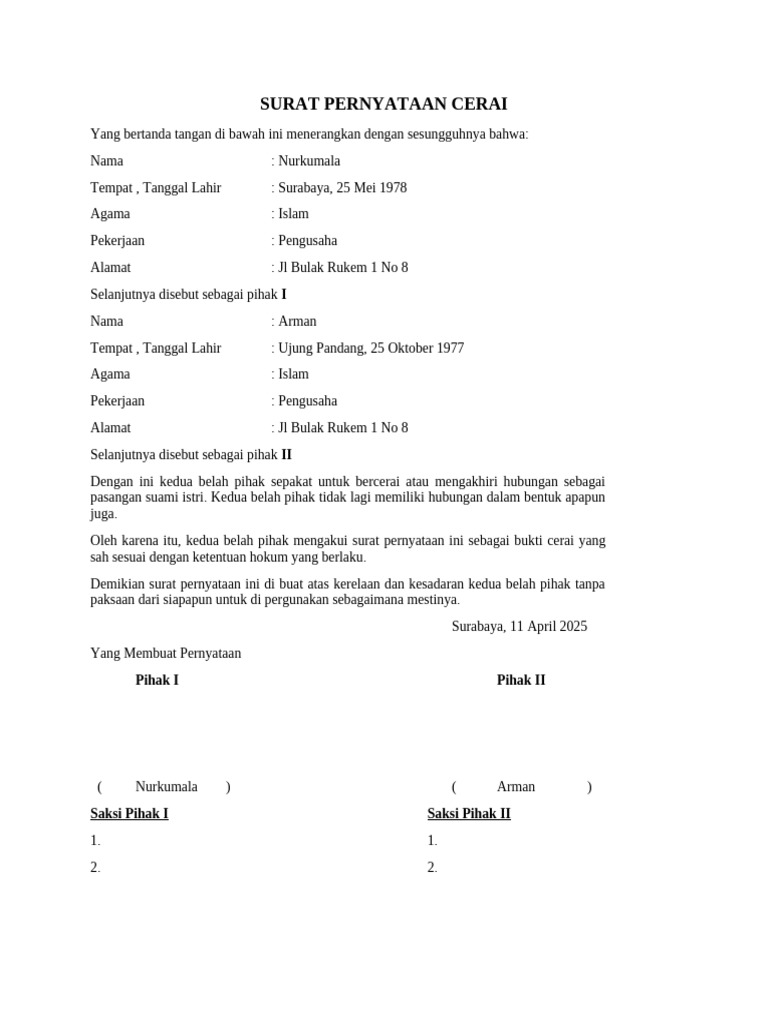 Surat Pernyataan Cerai | PDF