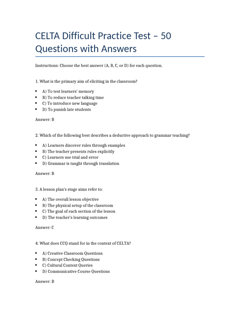 CELTA Practice Test: 50 Questions | PDF | Teachers | Vocabulary