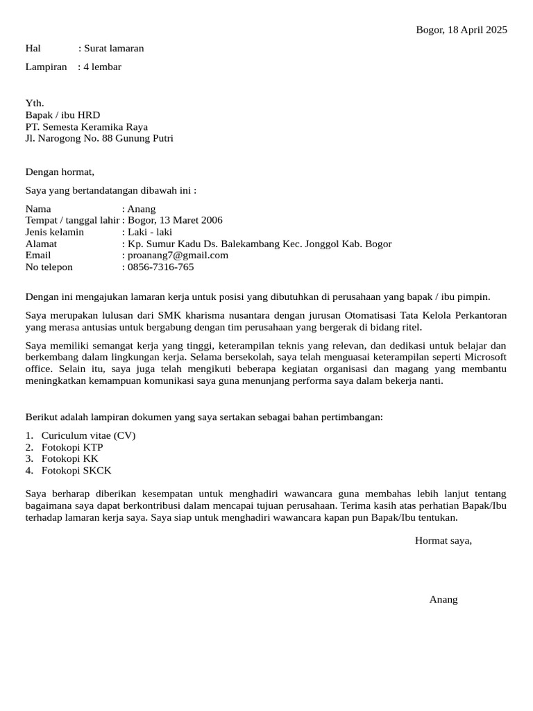 Surat - Lamaran - Muhamad Nabil Albukhori | PDF