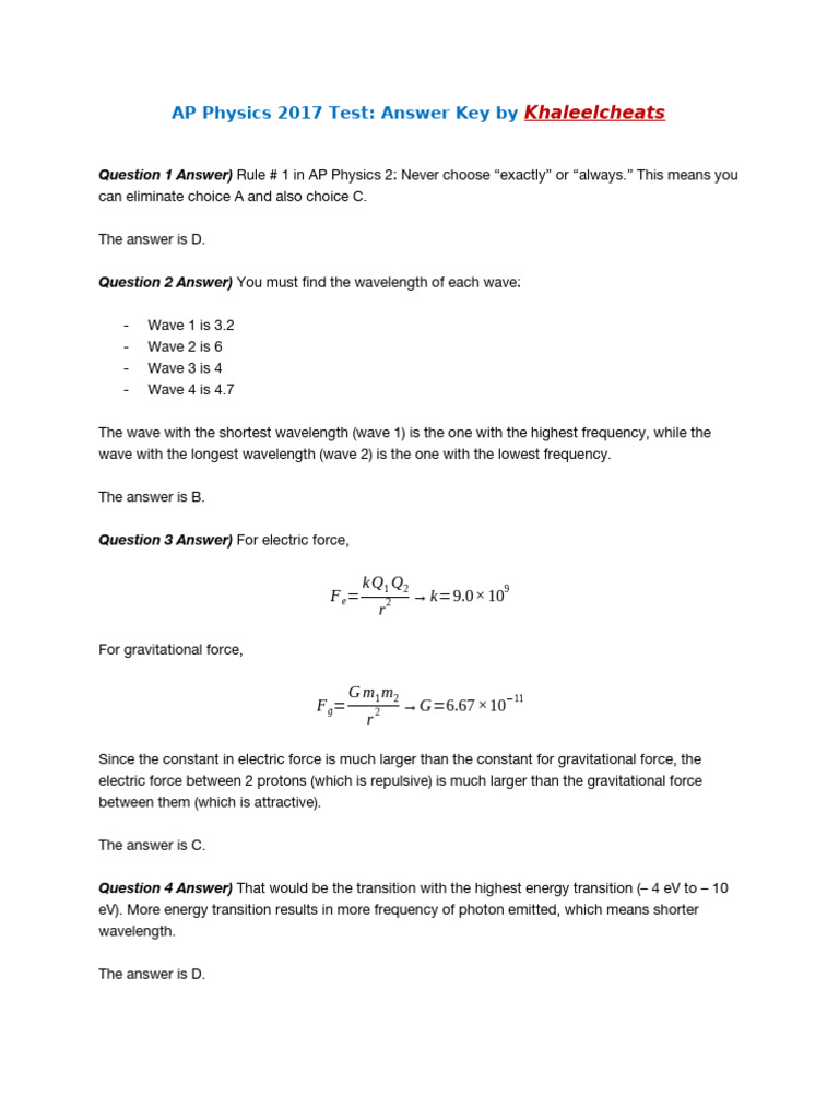 AP Physics 2017 Test Detailed Answer Key | PDF | Buoyancy ...