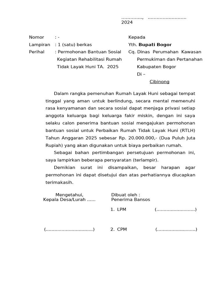 Format Proposal Dan Permohonan Pencairan RTLH 2025 | PDF