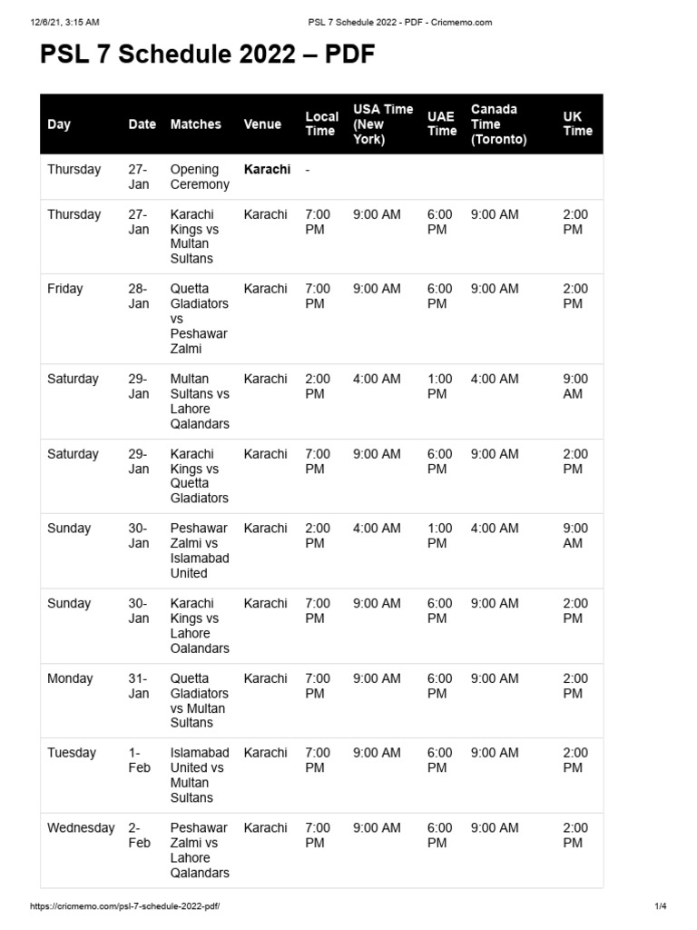 Https Cricmemo - Com Wp-Content Uploads 2021 12 PSL-7-Schedule PDF | PDF