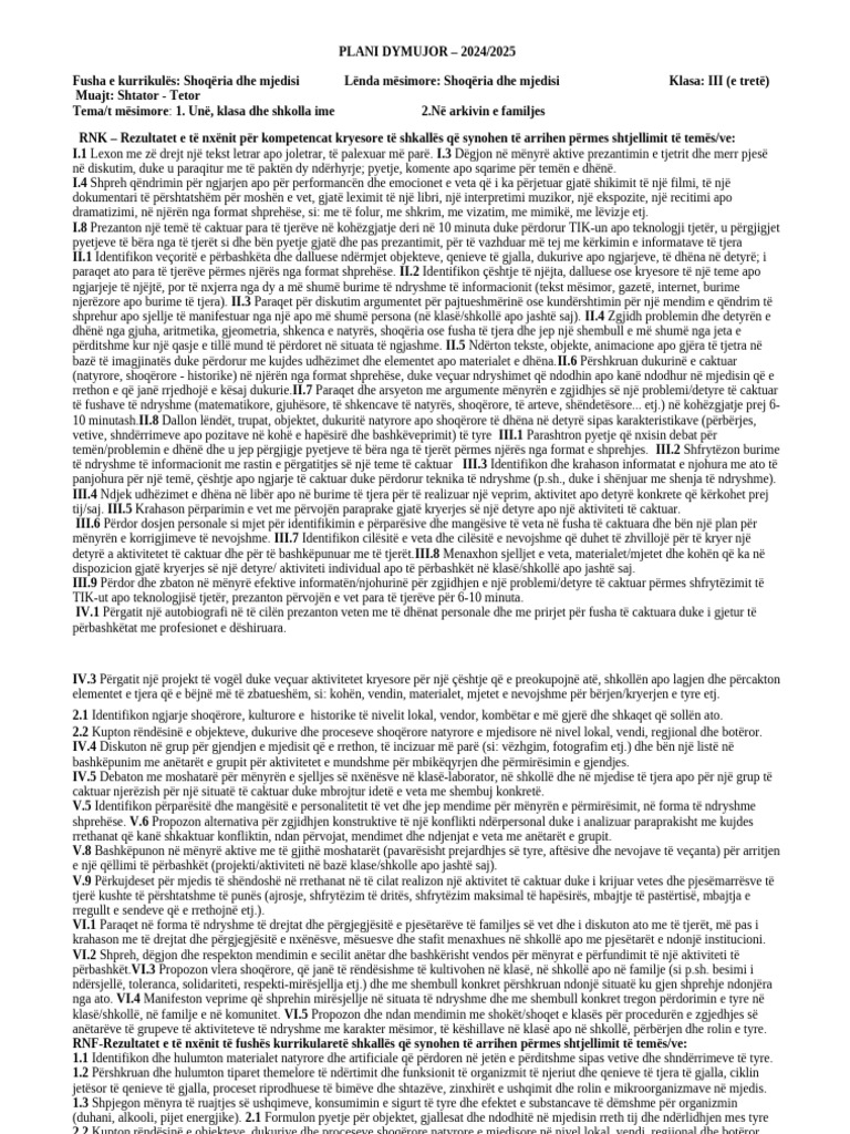 Plani Dymujor - Shtator-Tetor - Shoqëria Dhe Mjedisi - Klasa e Tretë ...