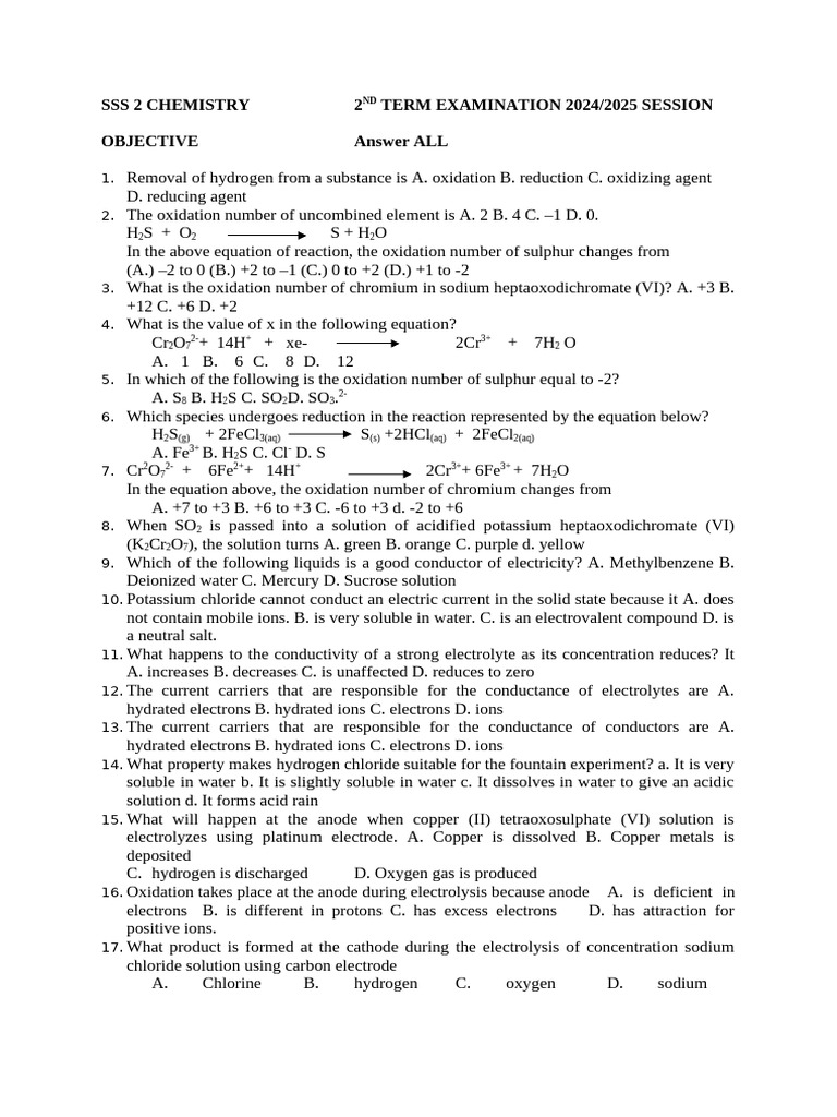 SSS 2 Chemistry2nd Term Examination 2024 | PDF | Electrochemistry | Electrolyte