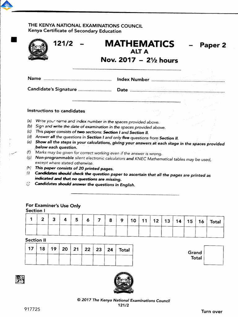 Mathematics Alt A pp2 Kcse 2017 Questions Paper | PDF