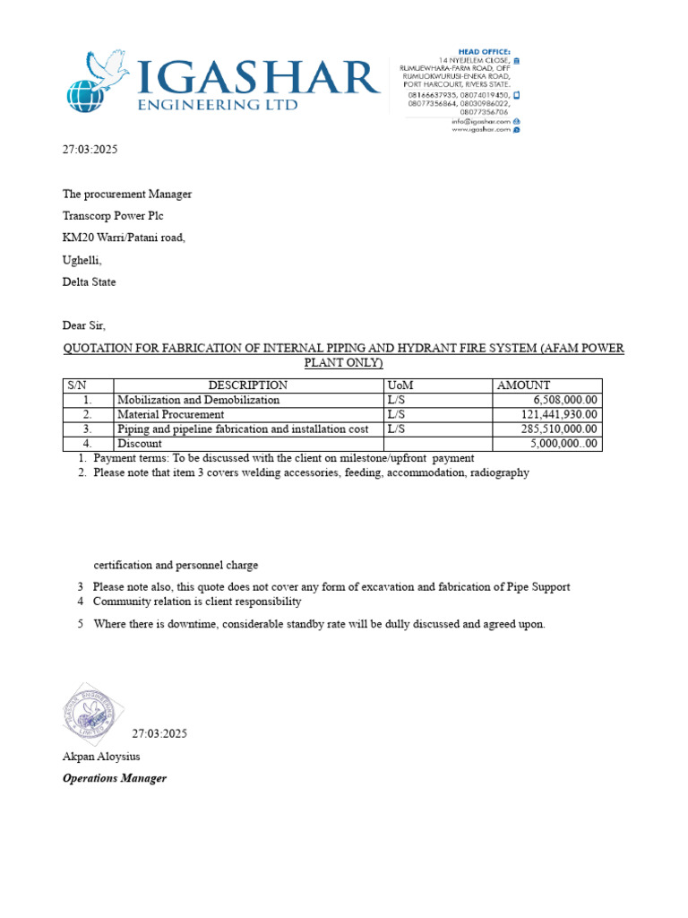 Updated Afam 3 Project Quote | PDF