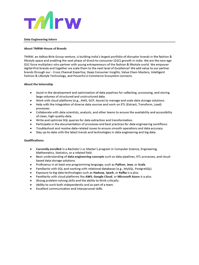 Data Engineering Internship - TMRW | PDF | Data | Information Retrieval
