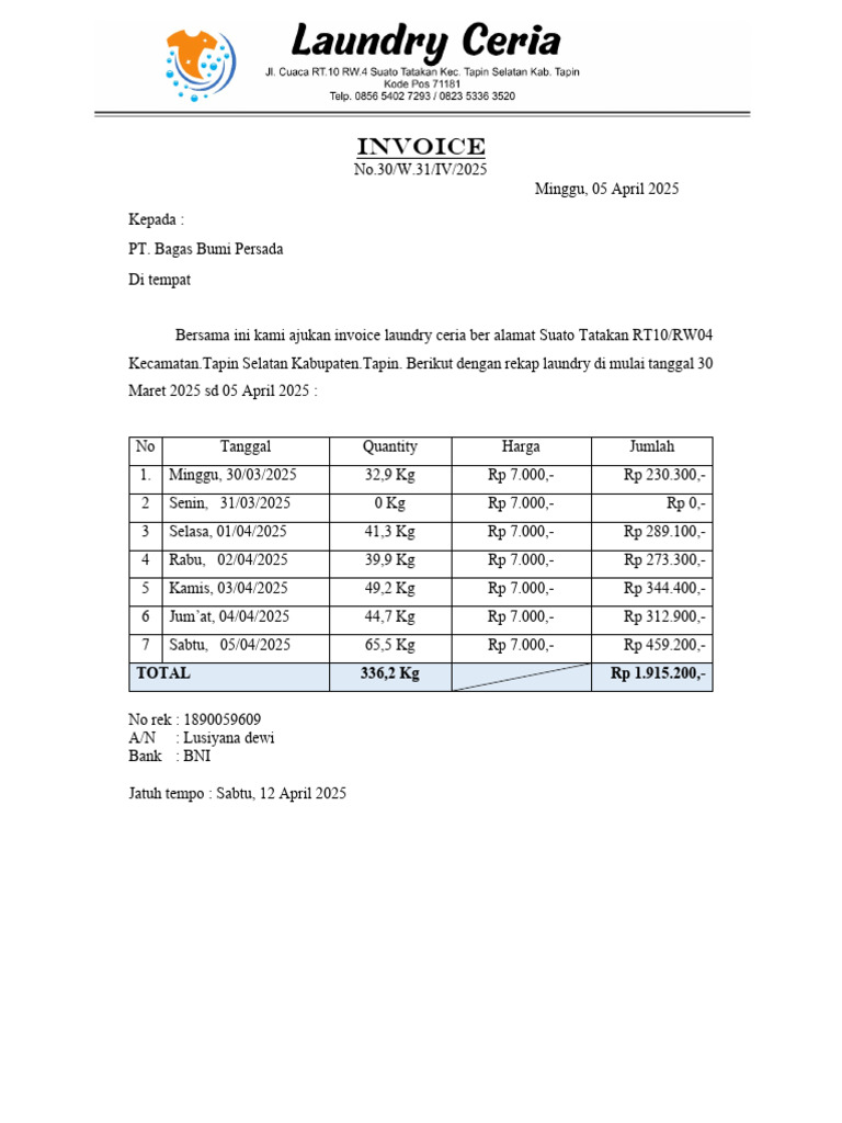 Invoice Laundry Ceria April 2025 | PDF