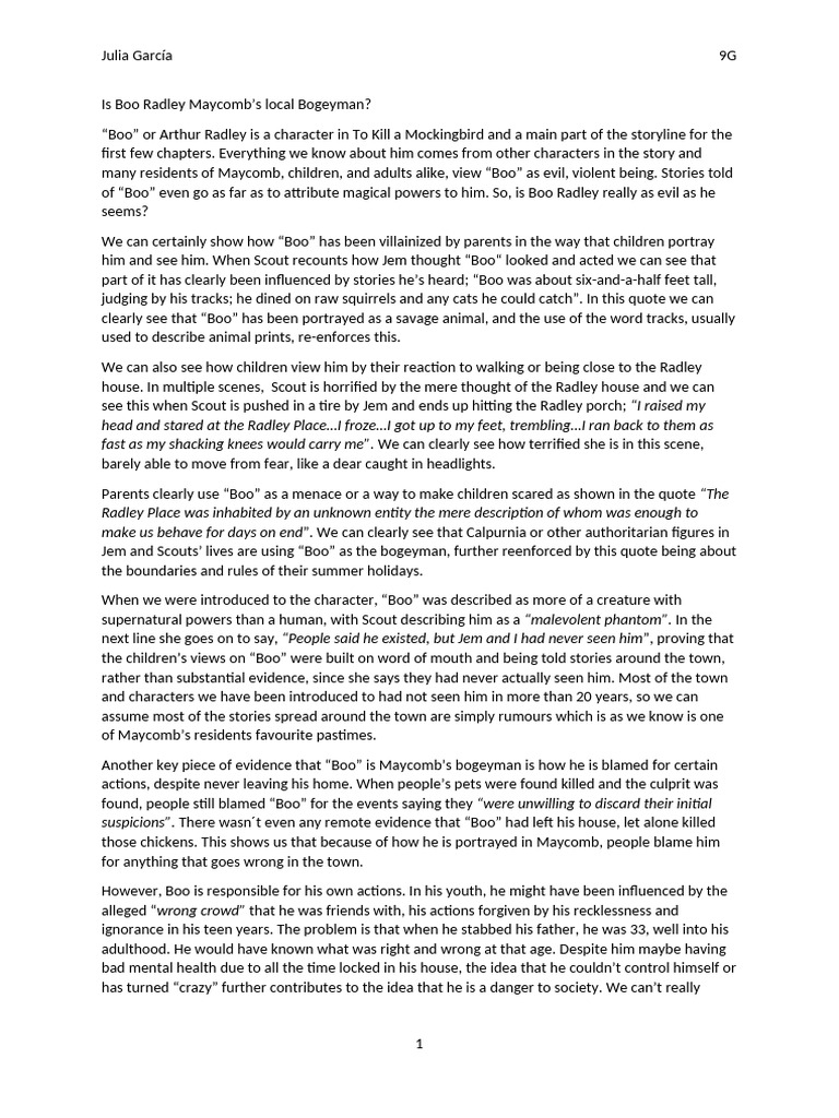 Is Boo Radley Maycombs Local Bogeyman | PDF | To Kill A Mockingbird