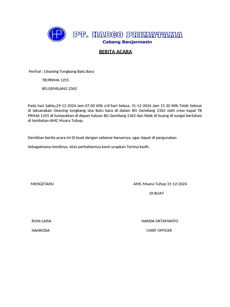 BERITA ACARA CLEANING TONGKANG BATU BARA PRIMA 1255 | PDF