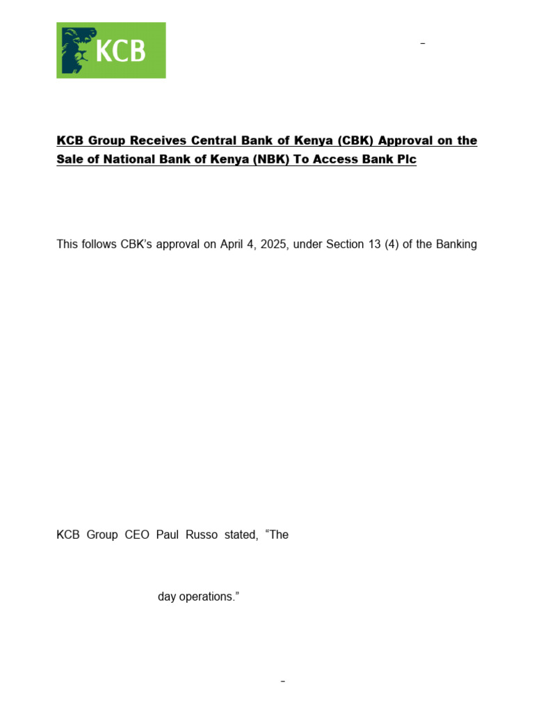 KCB Group Press Release - Update On Acquisition of NBK by Access Bank ...
