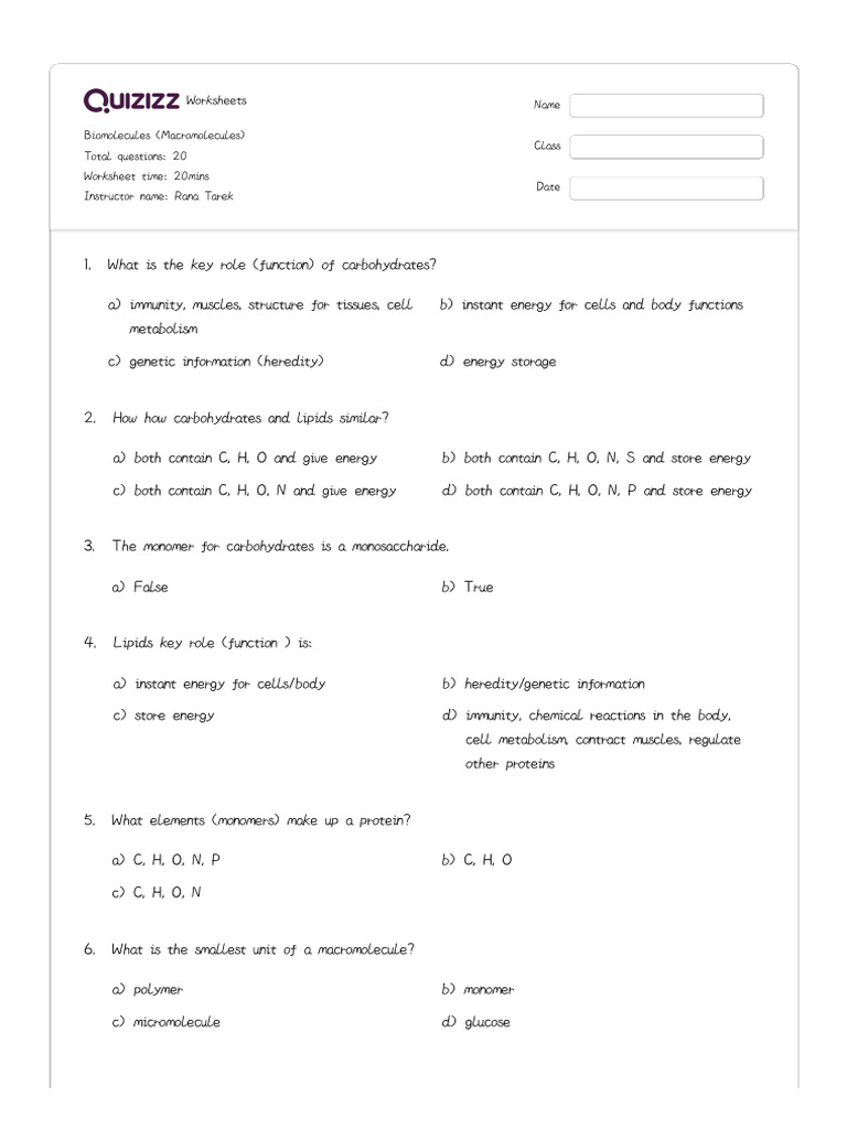 Quiz 3 - Biomolecules (Macromolecules) | PDF | Macromolecules ...