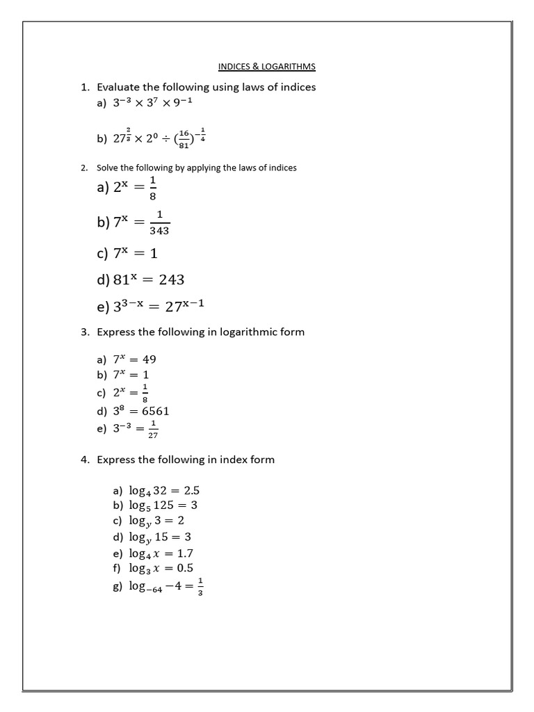 Indices and Logarithms Exercises | PDF