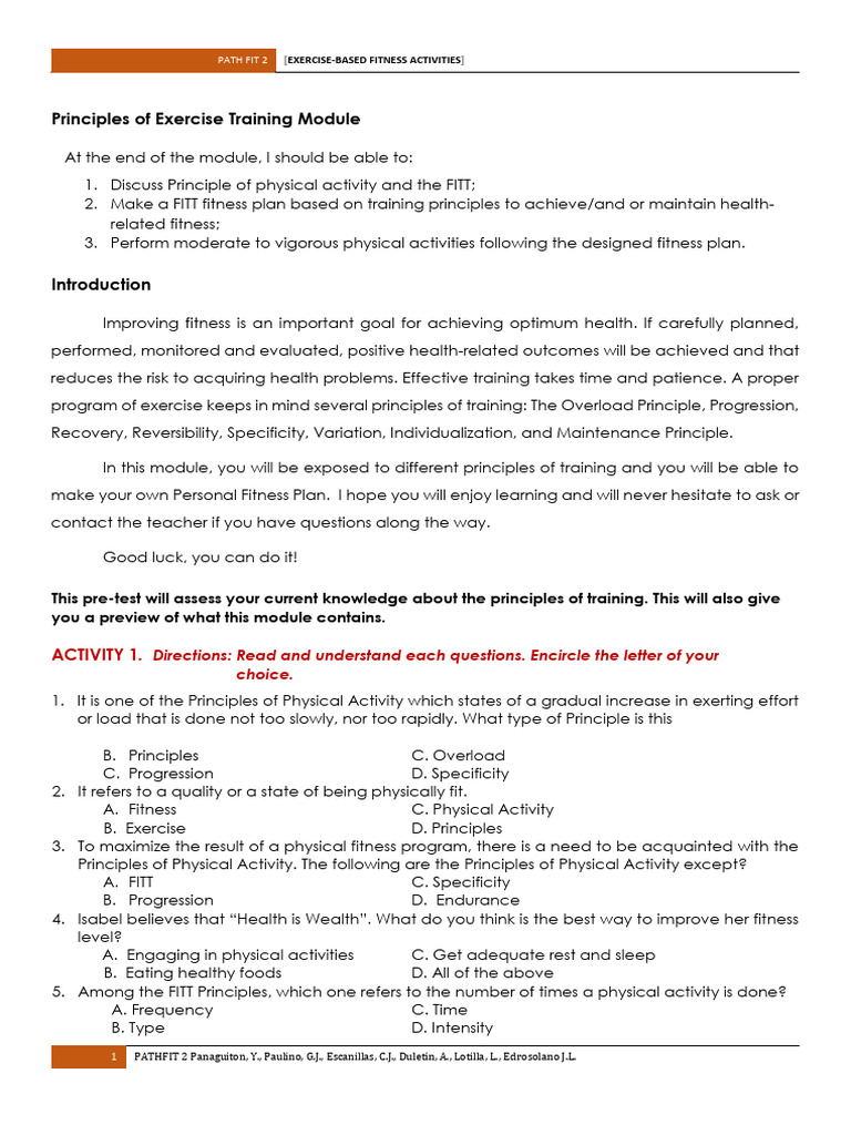 PE 2 Principles of Training Module FINAL TERM | PDF | Physical Fitness ...