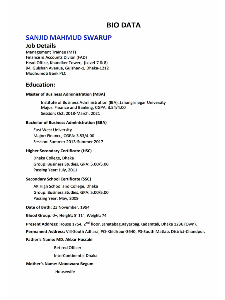 Biodata of Sanjid Mahmud | PDF