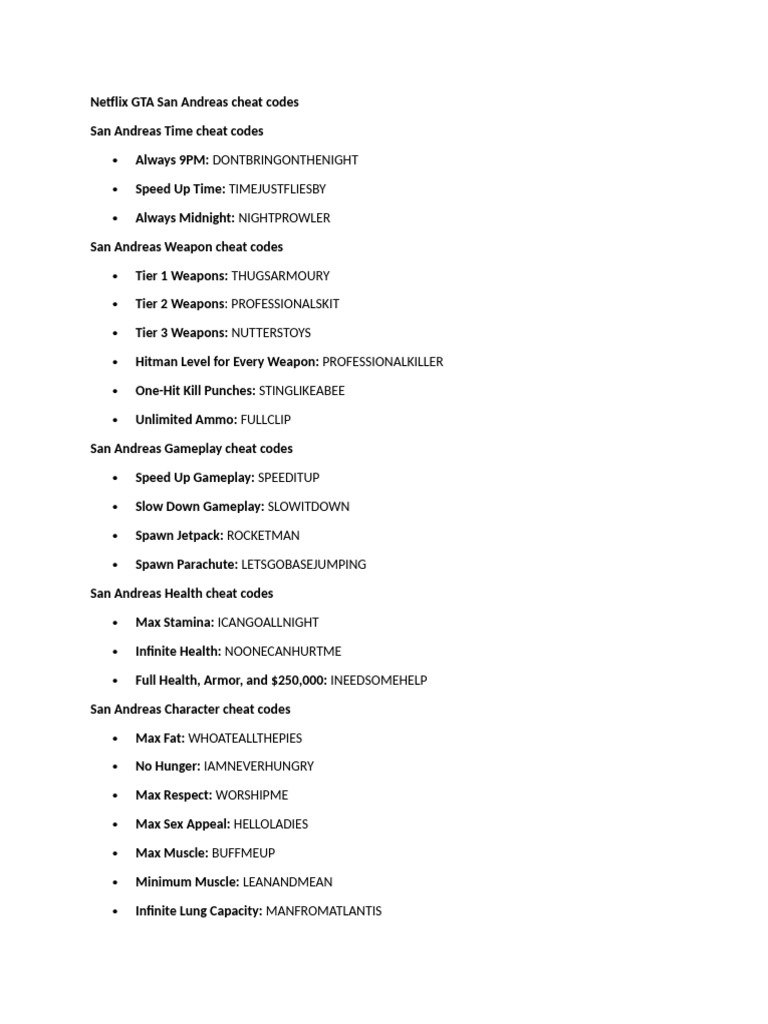 Netflix GTA San Andreas Cheat Codes | PDF