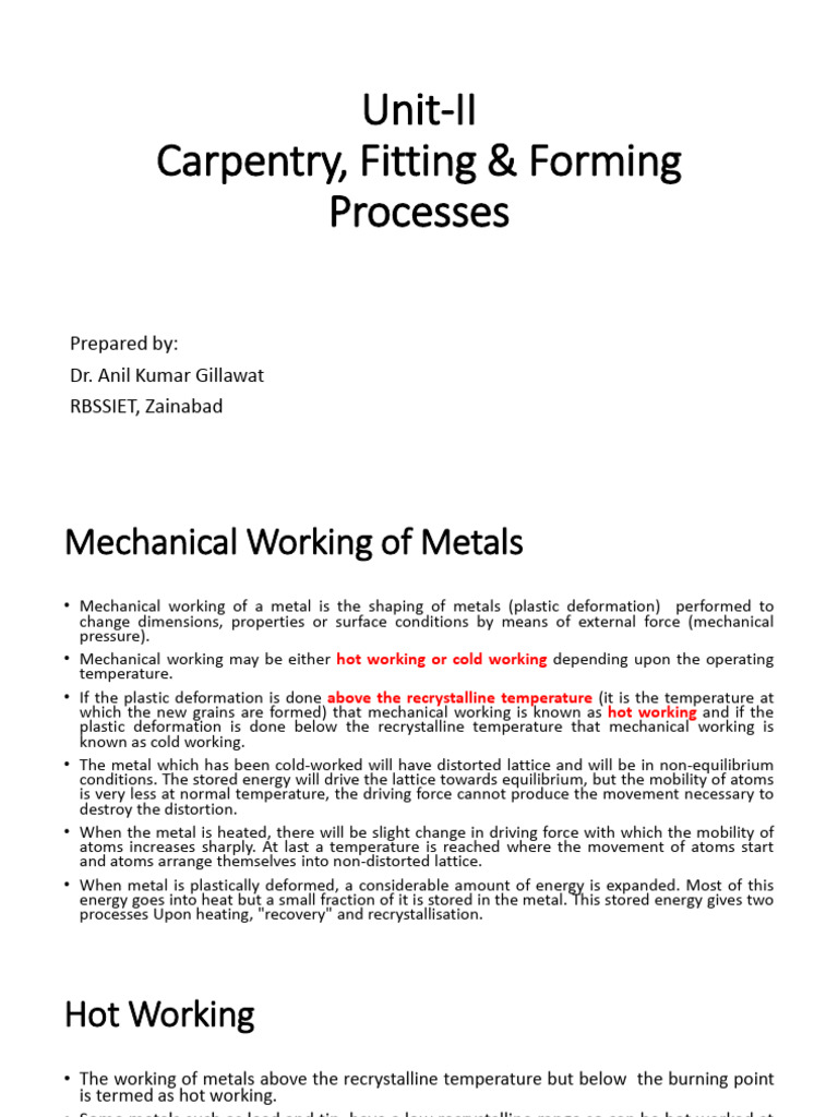 WT-Unit-II-Carpentry, Fitting & Forming Processes | PDF | Extrusion | Forging