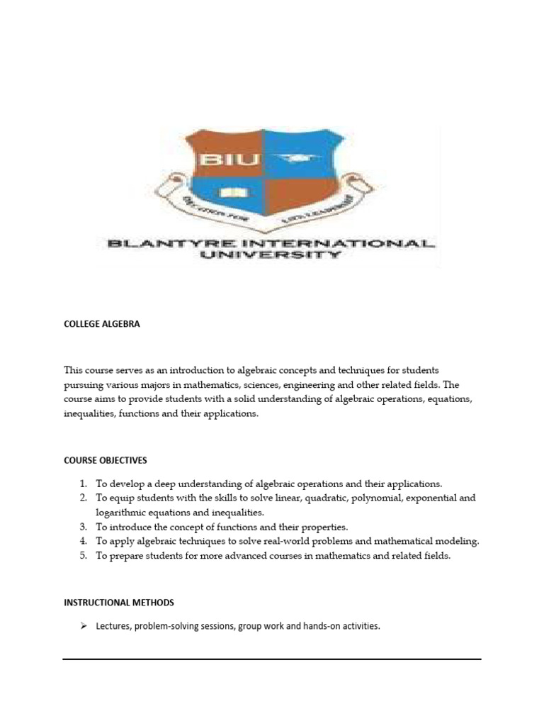 COLLEGE ALGEBRA JANUARY TO JUNE SEMESTER 2025 Course Outline | PDF ...