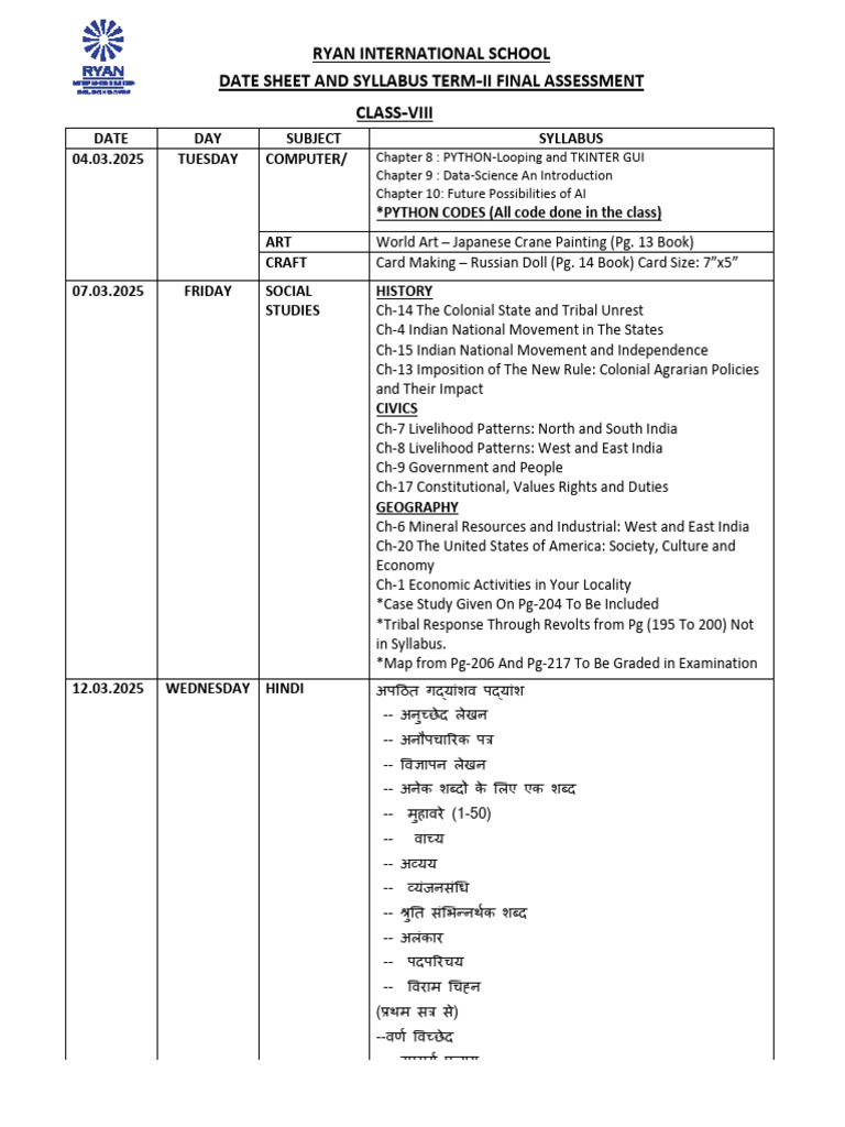 Ryan International School Date Sheet and Syllabus Ryan International ...
