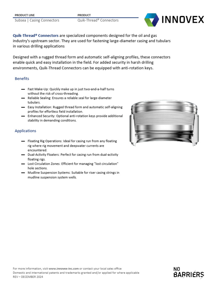 Dril Quip Quik Thread Connectors - One Pager | PDF