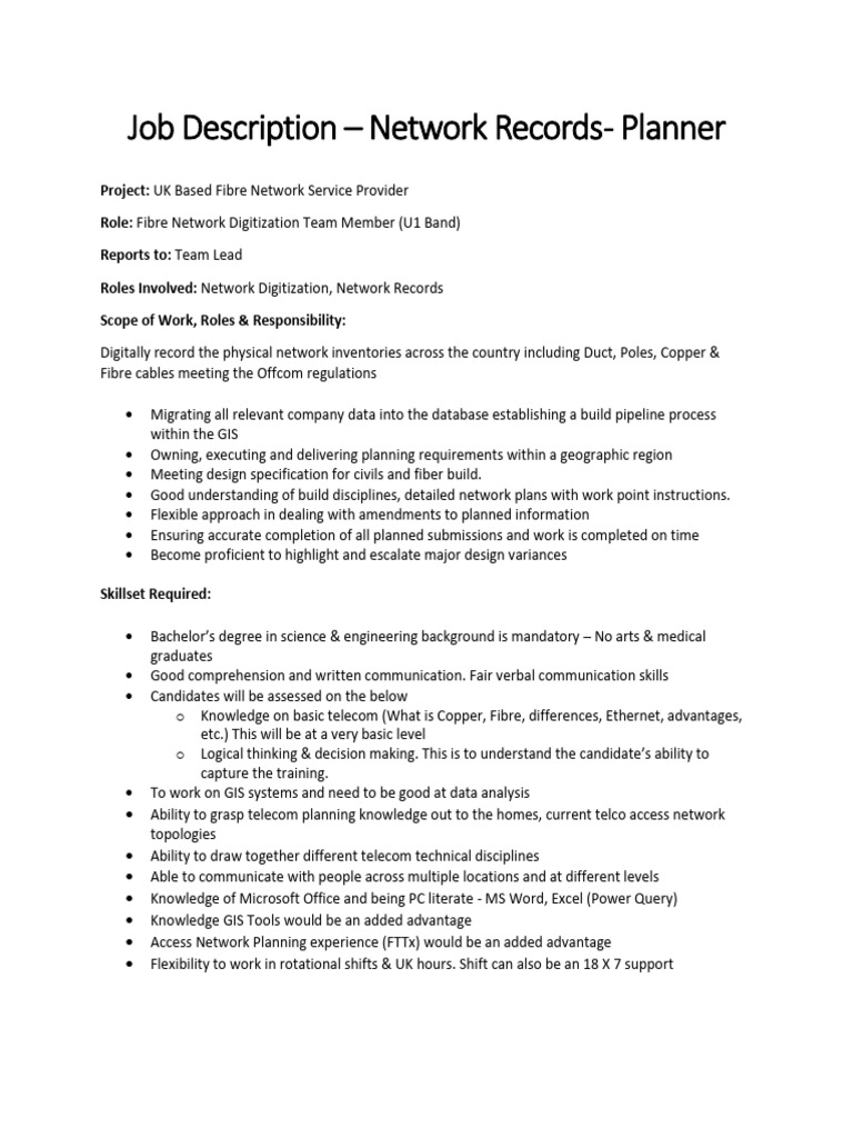 Network Inventory Digitisation (UK Telecom) Job Description | PDF | Geographic Information ...