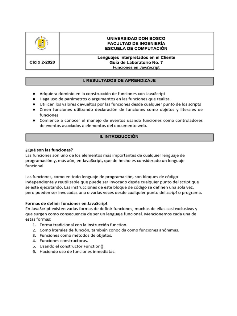 Funciones en JavaScript: Guía de Laboratorio | PDF | Script Java | Lenguaje de programación