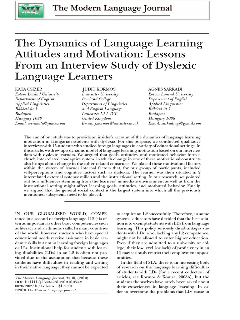 The Dynamics of Language Learning Attitu | PDF | Dyslexia | Second Language