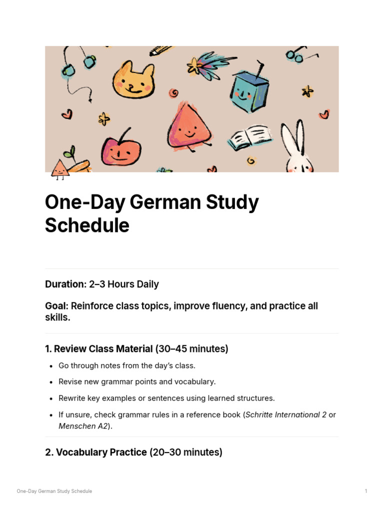 One-Day German Study Schedule | PDF | German Language | Vocabulary