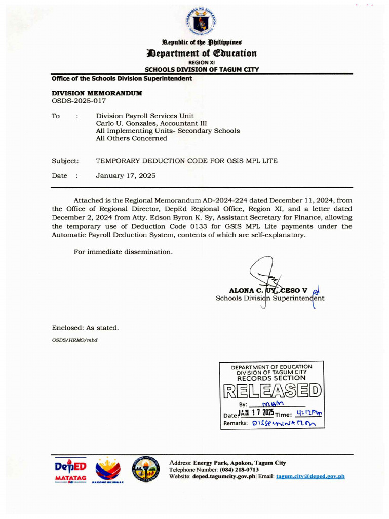 DM Osds 2025 017 01 17 2025 Temporary Deduction Code For Gsis MPL Lite ...