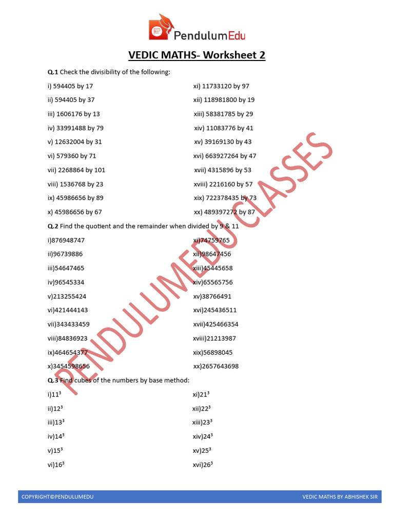 Vedic Maths Worksheet-2 by PendulumEdu Classes | PDF