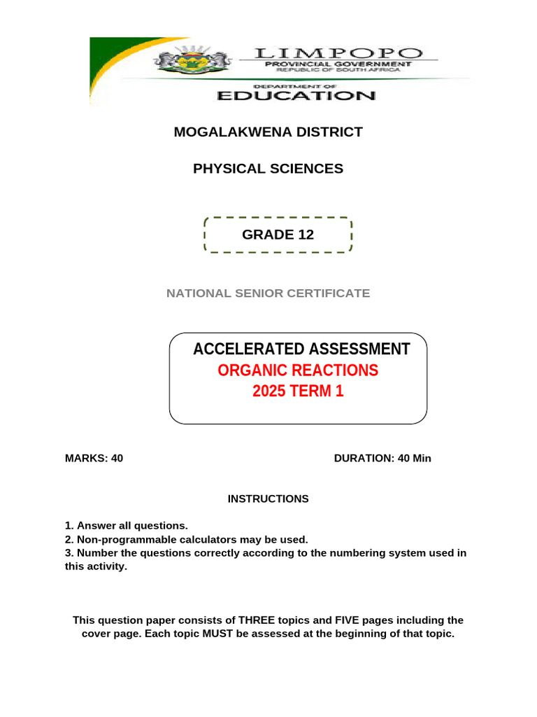 2025 Grade 12 Term 1 Organic Reactions Accelerated Assessment QP | PDF ...