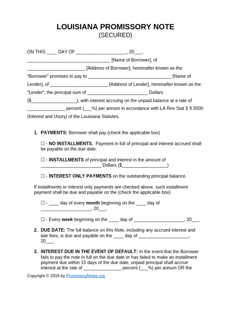 Louisiana Promissory Note Form | PDF | Interest | Promissory Note