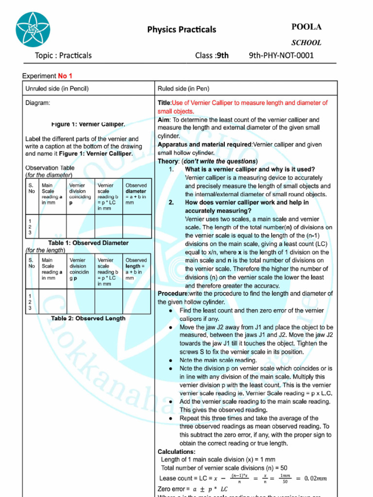 Physics 9th Lab Experiment - 1 Vernier Caliper | PDF