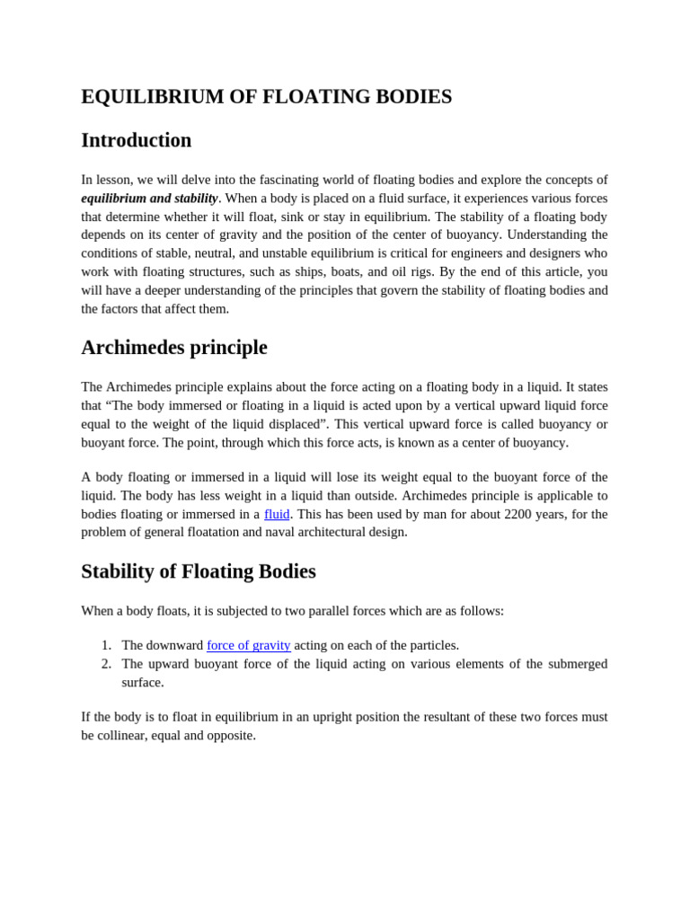 Equilibrium of Floating Bodies | PDF | Buoyancy | Continuum Mechanics