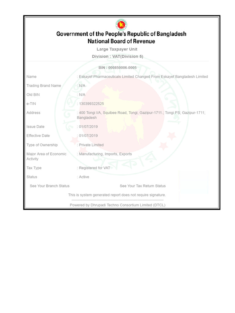 Central BIN Certificate Eskayef | PDF