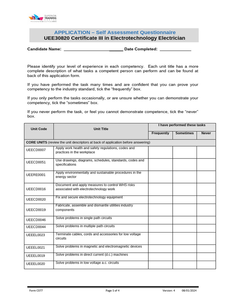 C077 Self-Assessment Questionnaire Cert III Electrotechnology UEE30820 | PDF | Electrical Wiring ...