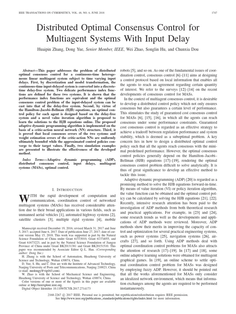 Distributed Optimal Consensus Control For Multiagent Systems With Input Delay | PDF | Dynamic ...