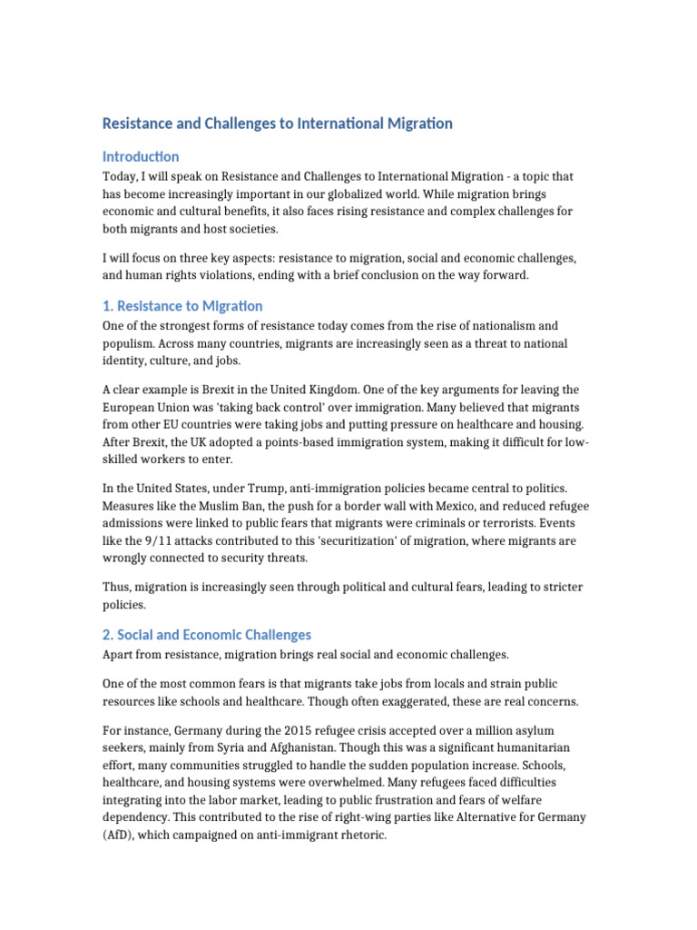 Resistance and Challenges To International Migration | PDF | Human Migration | Migrant Worker